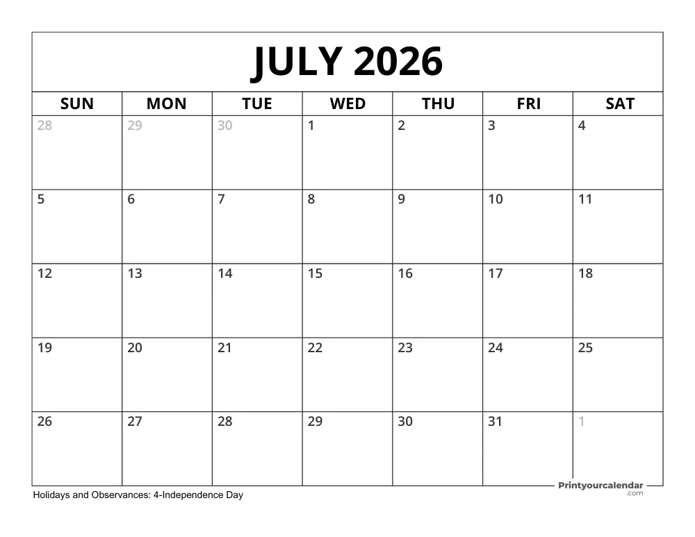 July 2026 Calendars Free Printable July 2026 Calendars Free Printable