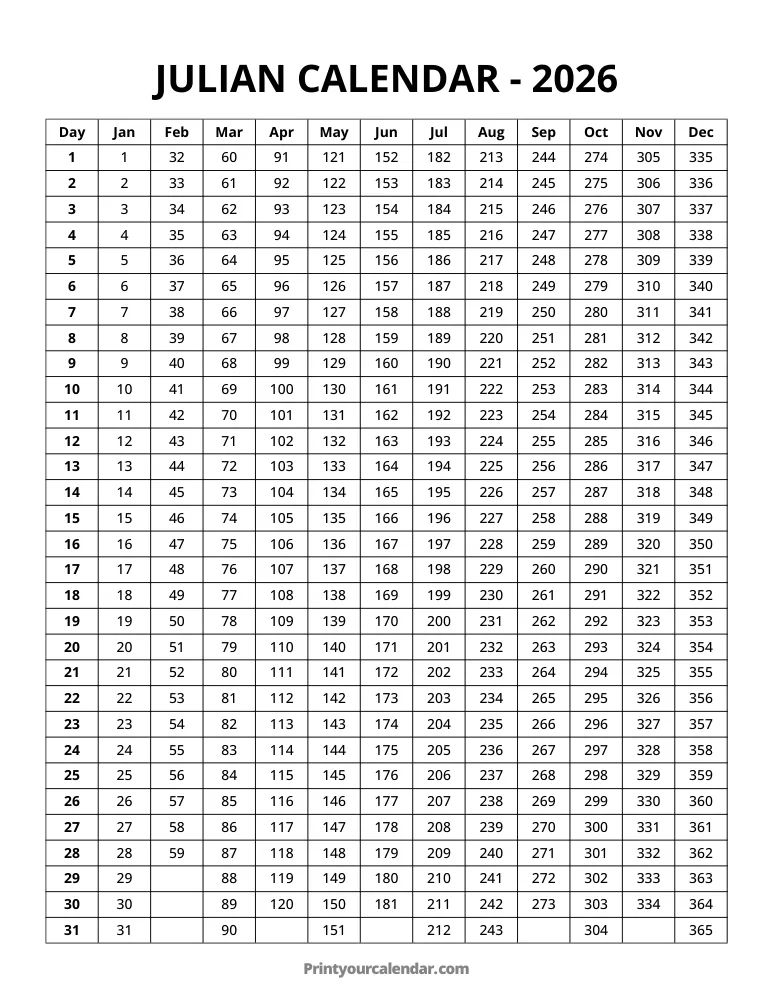 Julian Calendar 2026 - Free Printable