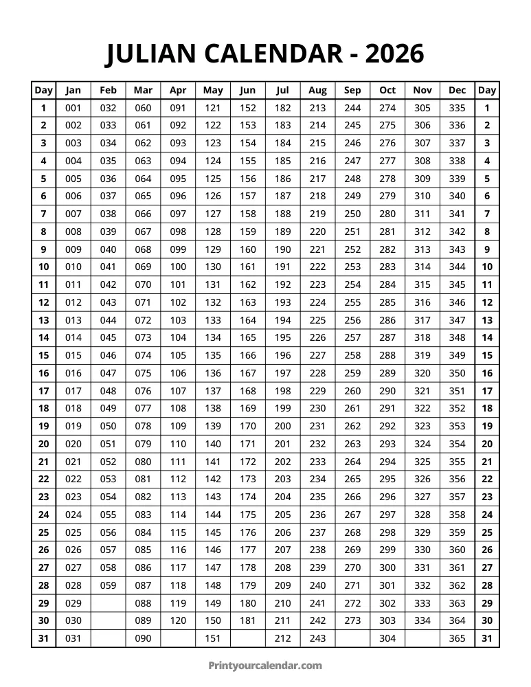 Julian Calendar 2026 - Free Printable