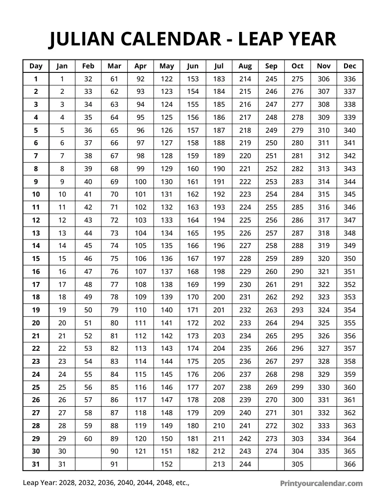 Julian Calendar 2026 - Free Printable