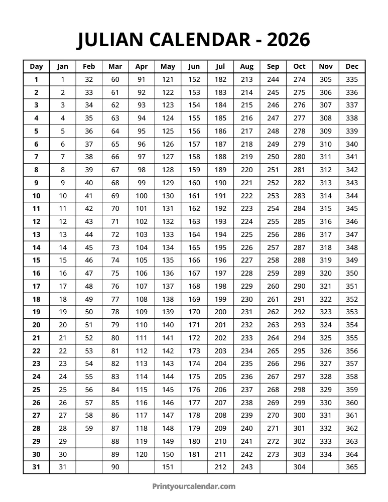 Julian Calendar 2026 - Free Printable