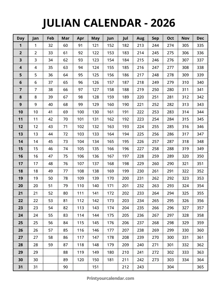 Julian Calendar 2026 - Free Printable